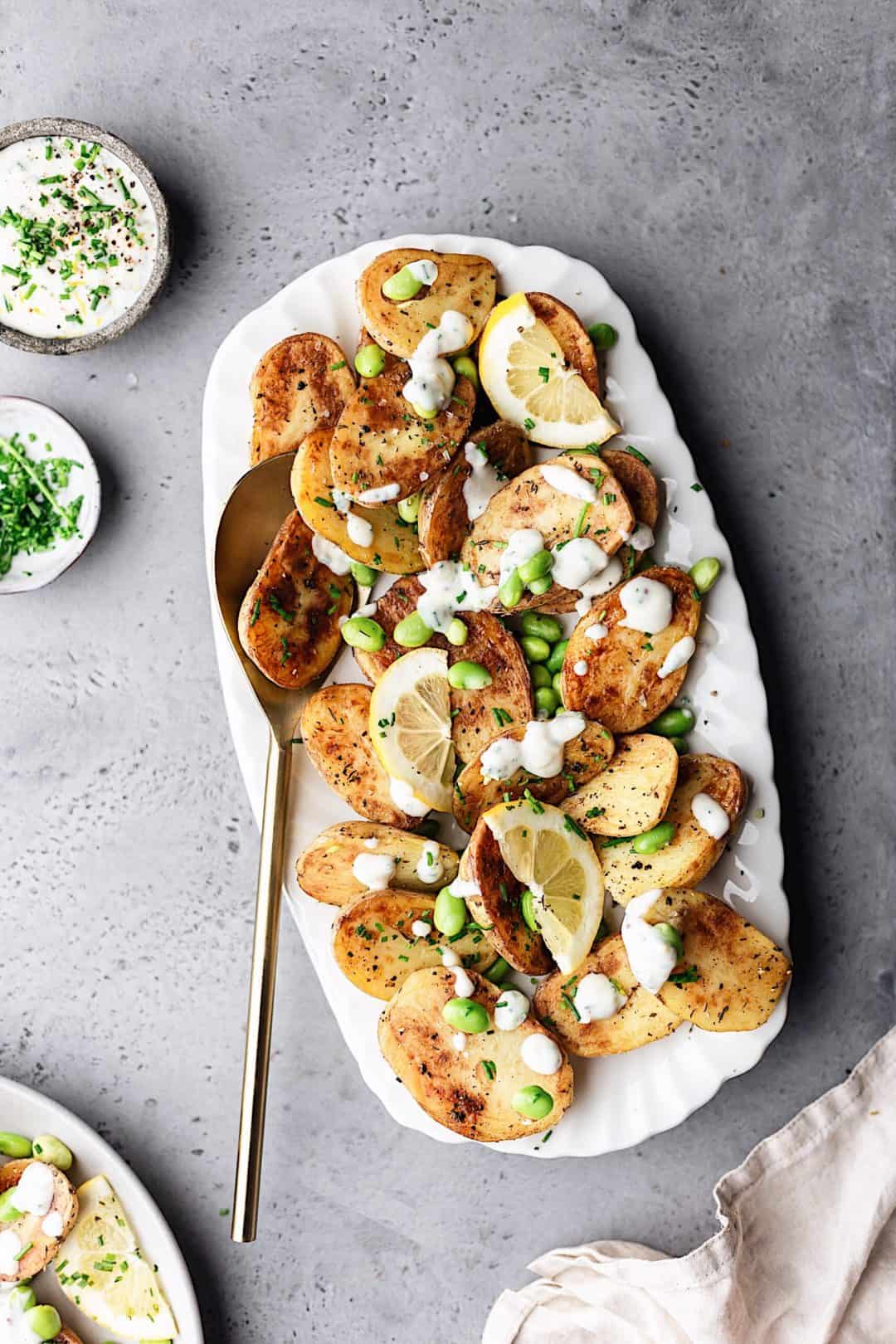 Sauteed New Potatoes with Edamame and Lemony Chive Yoghurt - Cupful of Kale