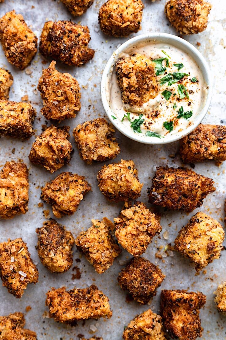 Fried Cajun Popcorn Tofu with Creamy Cajun Maple Ranch - Cupful of Kale