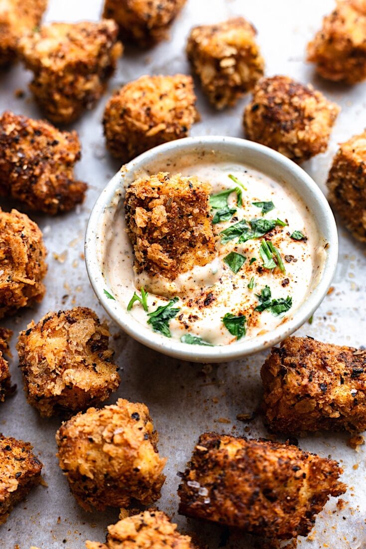 Fried Cajun Popcorn Tofu with Creamy Cajun Maple Ranch - Cupful of Kale