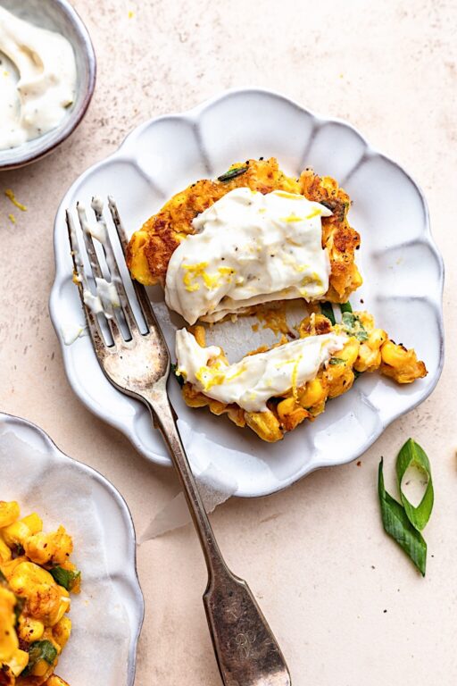 Vegan Cheesy Corn Fritters with Lemon Pepper Mayo - Cupful of Kale